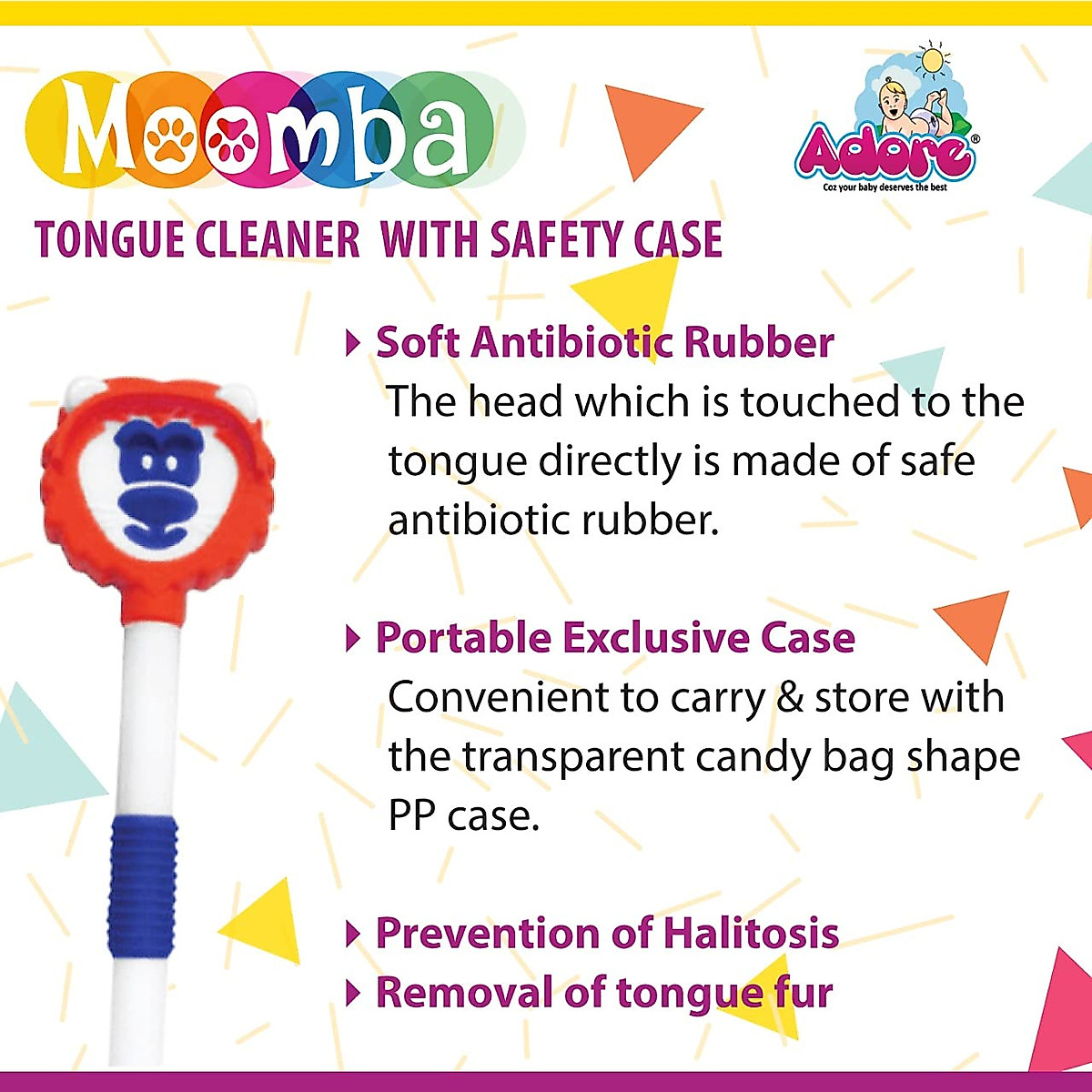 Adore Moomba Tongue cleaner with Safty case Best for child oral care, Multicolour (Pack of 5)