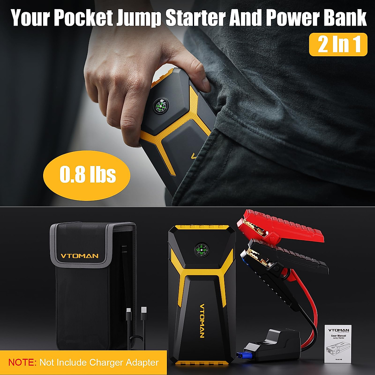 VTOMAN V6 Pro 2000A Jump Starter, Car Battery Jumper Starter Portable for 7L Gas/5L Diesel Engines, Jump Box,12V Auto Jump Start Battery Pack, Lithium Booster Pack, Portable Charger and Jumper Cables