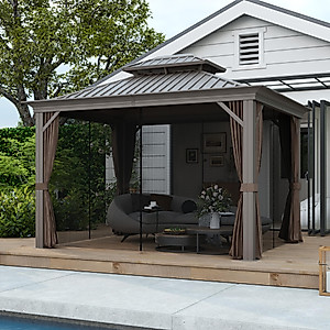 Outsunny 10' x 12' Hardtop Gazebo with Curtains and Netting, Permanent Pavilion Metal Double Roof Gazebo Canopy with Aluminum Frame and Hooks, for Garden, Patio, Backyard, Dark Brown