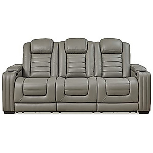 Signature Design by Ashley Backtrack Contemporary Tufted Leather Power Reclining Sofa with Adjustable Headrest, Light Gray