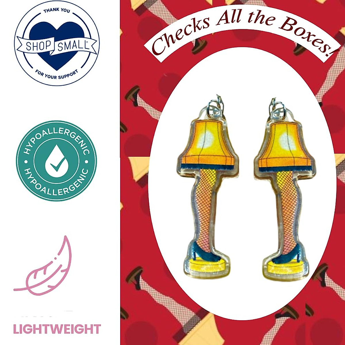 Cute Leg Lamp/ Pink Rabbit Pajamas, Fragile Box Earrings for Christmas, Tacky Sweater Parties, Teachers, Christmas Story Parties and More. Fun Pair of Christmas Earrings! Dangle Christmas Earrings for