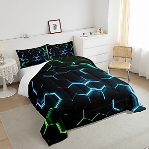 Teal Blue and Black Print Comforter Set Hexagonal Bedding Set Kids Boys Teens Honeycomb Decor Comforter Beehive Geometric Quilt Set Bedroom Collection 3Pcs Full Size