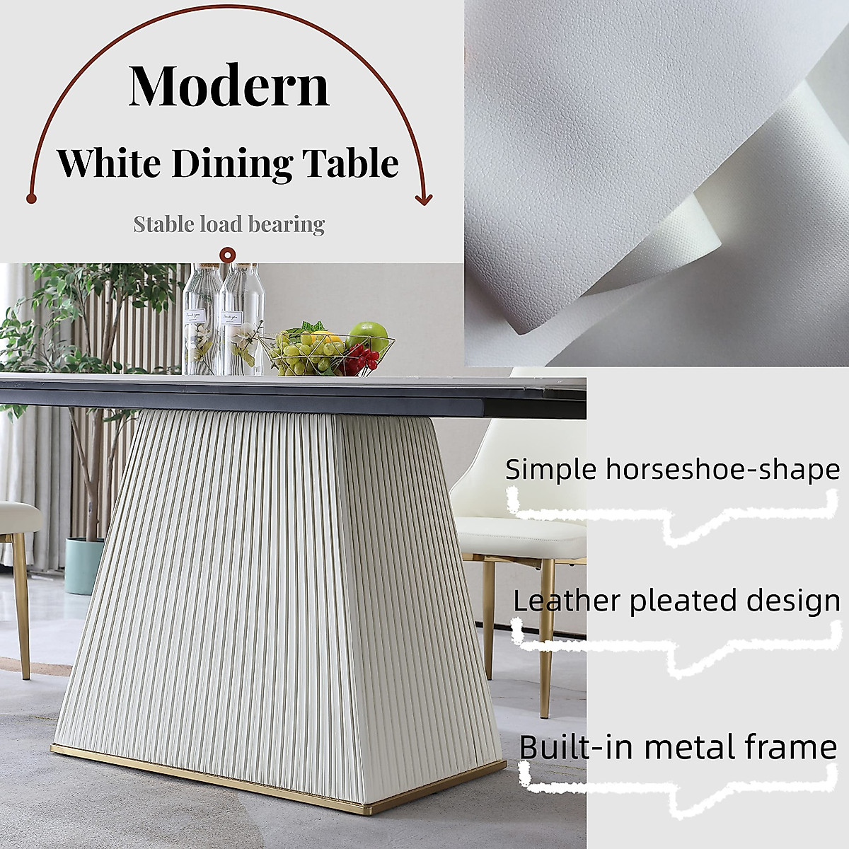 Montary 71” Modern Rectangle Dining Table for 6-8 Seat, White Marble Dining Table with Sintered Stone Tabletop and Horseshoe-Shape Design Carbon Steel Leather Base (Only Table)