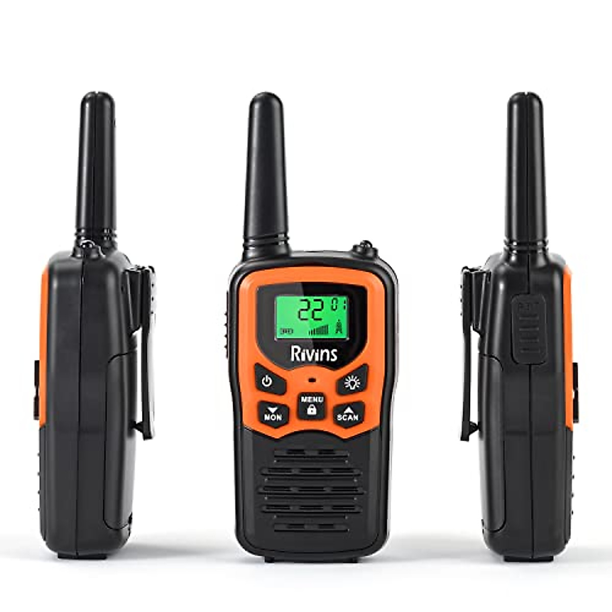 Walkie Talkies RV-7 with 22 FRS Channels, Rivins Walkie Talkies Long Range for Adults with LED Flashlight VOX Scan LCD Display, Handheld Walkie Talkie for Hiking Camping Trip (Orange 4 Pack)