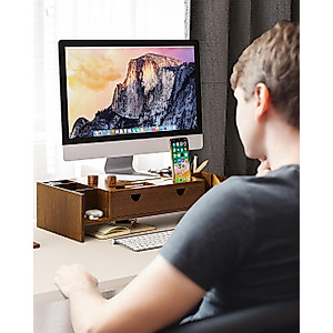Crestlive Products Monitor Stand Riser, Bamboo Computer Desk Organizer with Adjustable Storage Drawers Laptop Cellphone TV Printer Stand, Antique Brown