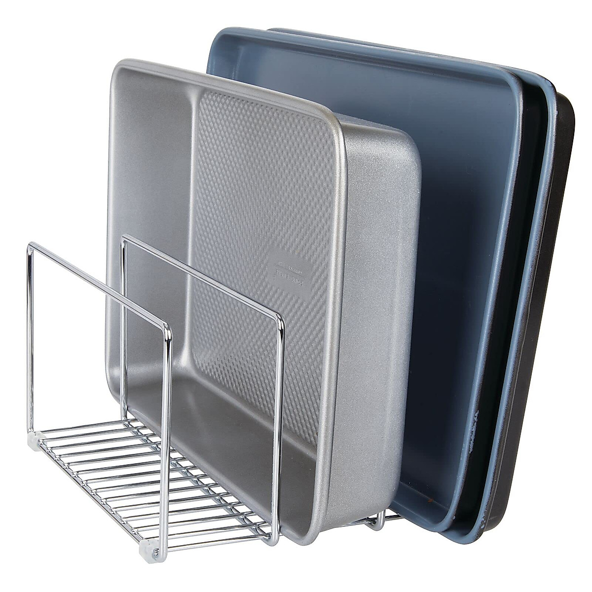 mDesign Metal Wire Organizer Rack for Kitchen Cabinet, Pantry, Shelves - Organizer Holder, 3 Slots for Skillets, Frying Pans, Lids, Cutting Boards, Vertical or Horizontal Placement - Chrome