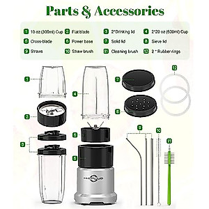 Personal Blender for Shakes and Smoothies, 6 Blades Bullet Blenders for Kitchen 850W, 17 Pieces Smoothie Blender with Grinder, 2 * 20oz To-Go Cups, Countertop Blender for Fruits, Protein Drinks, Ices