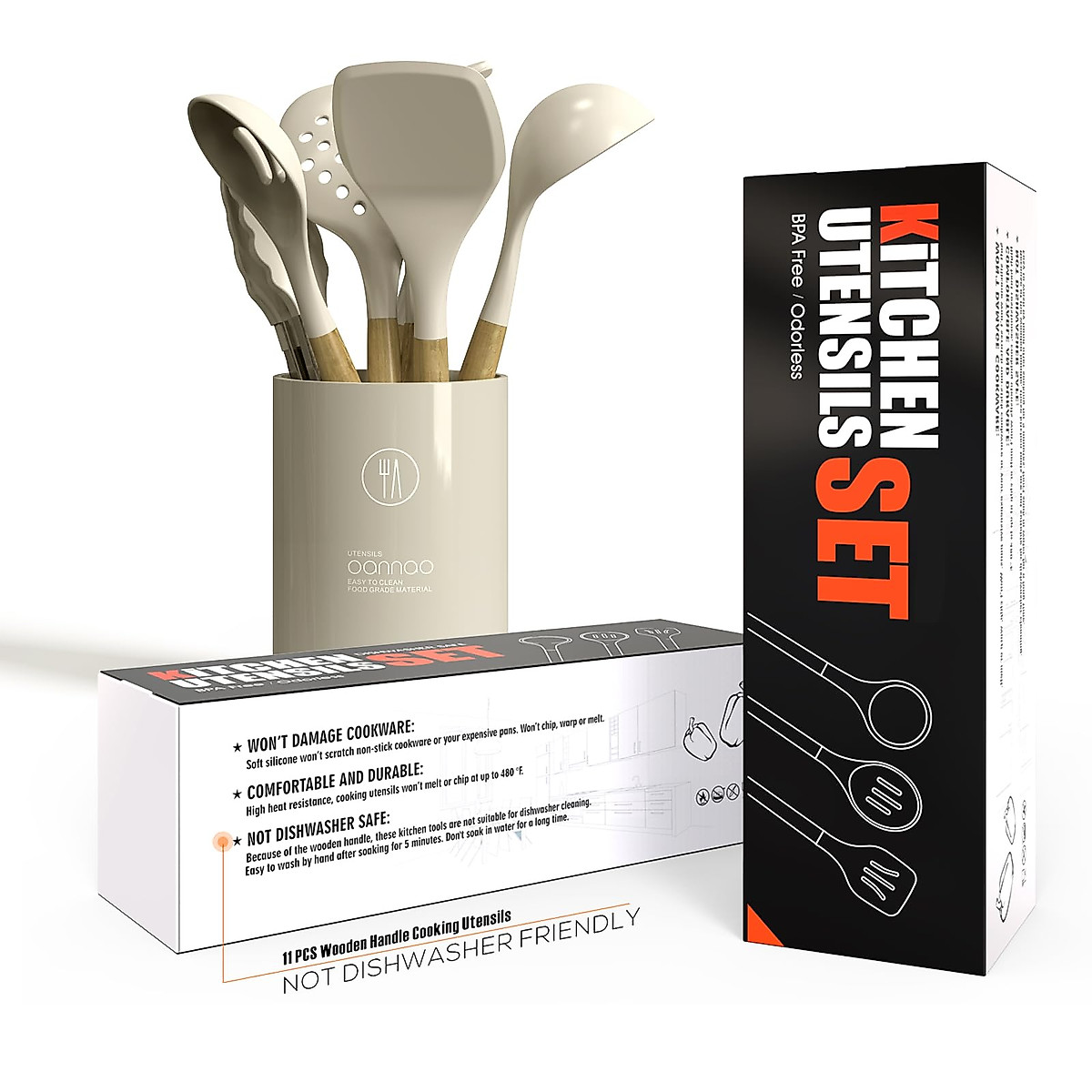 14 Pcs Silicone Cooking Utensils Kitchen Utensil Set - 446°F Heat Resistant,Turner Tongs, Spatula, Spoon, Brush, Whisk, Wooden Handle Kitchen Gadgets with Holder for Nonstick Cookware (BPA Free Khaki)