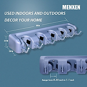 MENXEN Mop and Broom Holder, Wall Mount Garden Tool Organizer, Home Organization Rack and Garage Organizer, 5 Position with 6 Hooks (Grey)