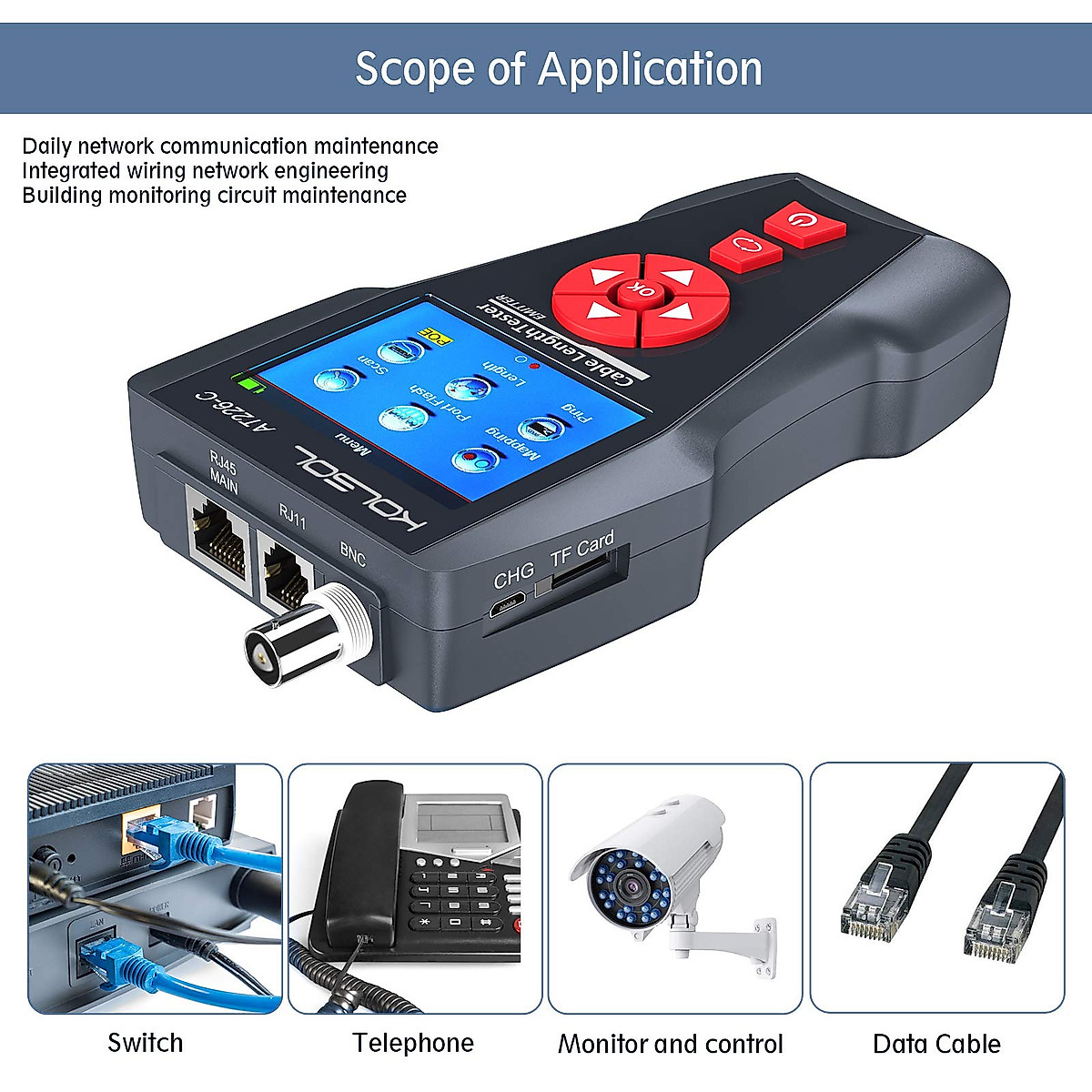 Network Cable Tester, AT226-C NF-8601W LAN Ethernet Cable Tester RJ45 UTP STP Diagnose Tone Tracer Network Cable Length Tester for RJ45, RJ11, BNC, PING/POE 8 Identifier Telephone Wire Tracker