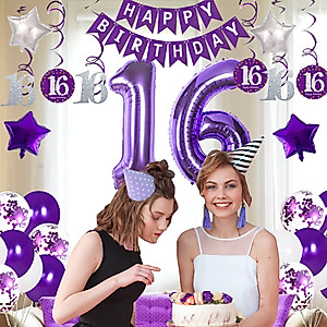 Sweet 16 Birthday Decorations, Purple 16th Birthday Party Decorations for Girls Boys Teenager, HAPPY BIRTHDAY Banner Bolloons Silver Number 16 Balloons for Him & Her 16 Years Old Birthday Party