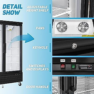 BLUELINETECH 56.4" W Display Refrigerator Double Glass Door, 35.7 Cu.ft Commercial Beverage Merchandiser Cooler Fan Cooling Reach-in Fridge with LED Lightning for Restaurant Bar Shop