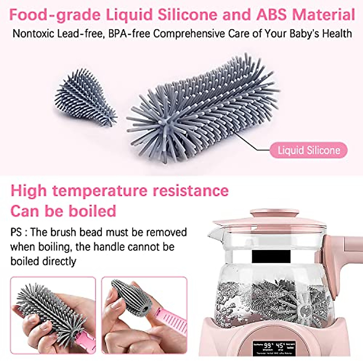 6 in 1 Baby Bottle Brush Set, Bottle Cleaner Kit with Silicone Bottle Brush, Nipple Brush, Straw Cleaning Brush, Soap Dispenser, Baby Bottle Drying Rack for Travel and Home Use (Pink)