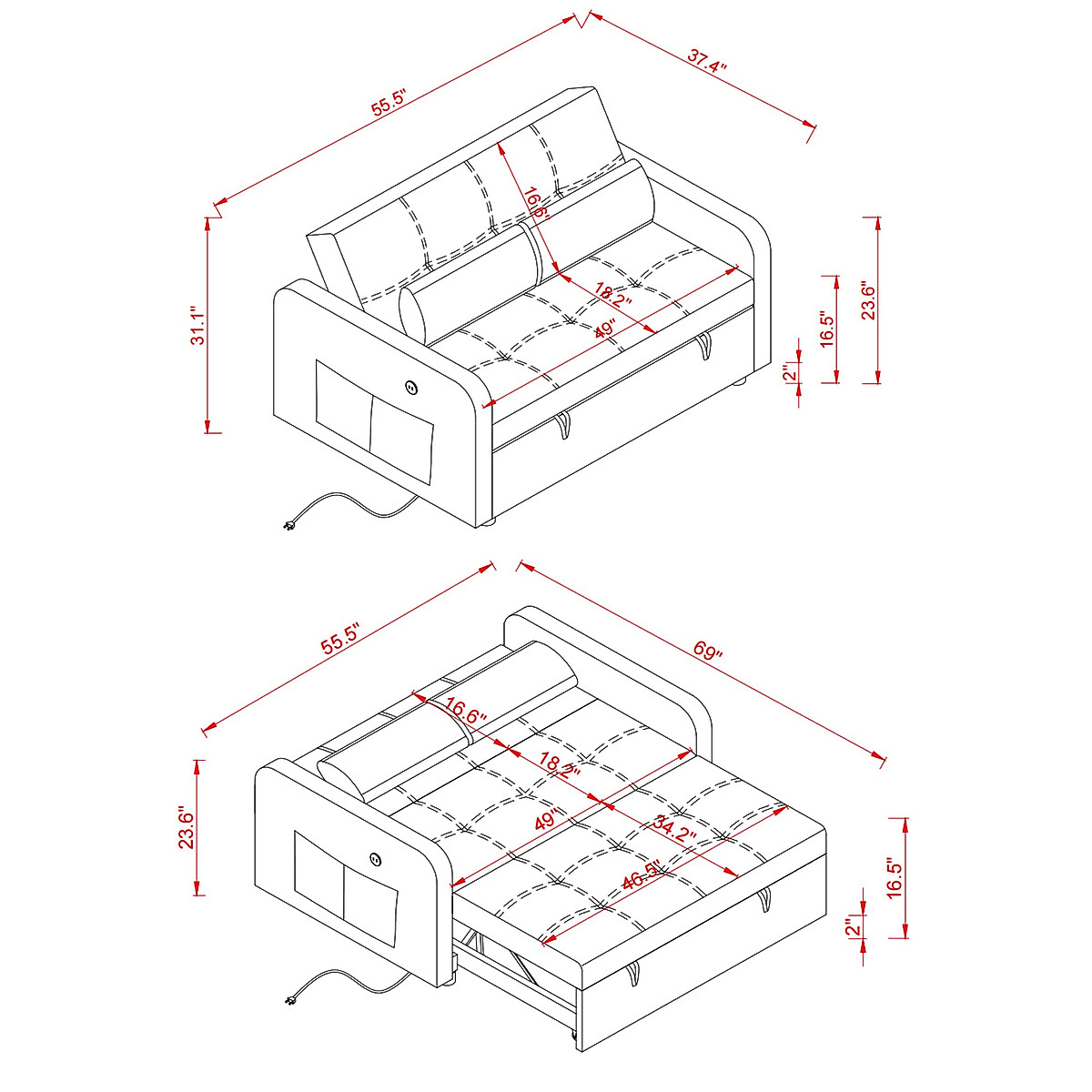 FIQHOME 55" Pull, Modern Velvet Convertible Adjustable Backrest Sleeper, Small Loveseat Sofa Bed with Two Pillows and Side Pockets for Living Room, Apartment,Khaki
