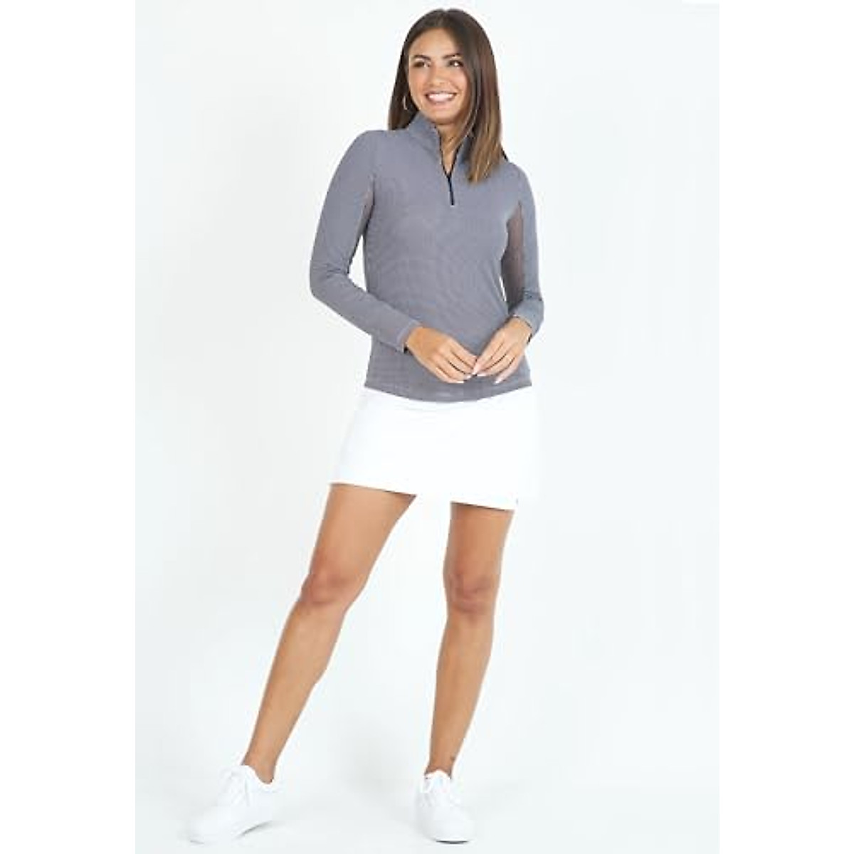 IBKUL Athleisure Wear Sun Protective UPF 50 Icefil Cooling Mini Check Long Sleeve Mock Neck - 10754 Black/White Mini Check L