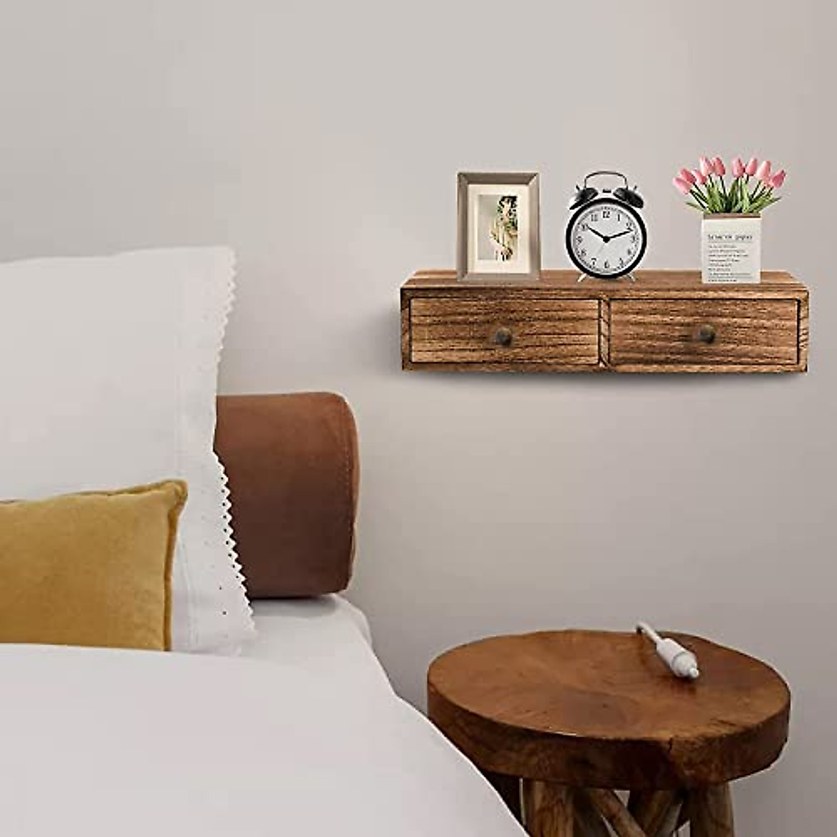 Yesland 2 Pcs Floating Nightstand with Drawer - Rustic Wood Floating Wall Mounted Drawers Floating Shelf with Drawer for Living Room, Bedroom, Storage, Display - Yellowish Brown