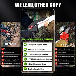 Upgraded 6 inch Mini Cordless Chainsaw, Zocabay 20,000mAh Rechargeable Battery Chainsaw, Portable Handheld Chainsaw, Electric Chainsaw for Tree, Courtyard and Garden（2 Batteries, 2 Chains Included)