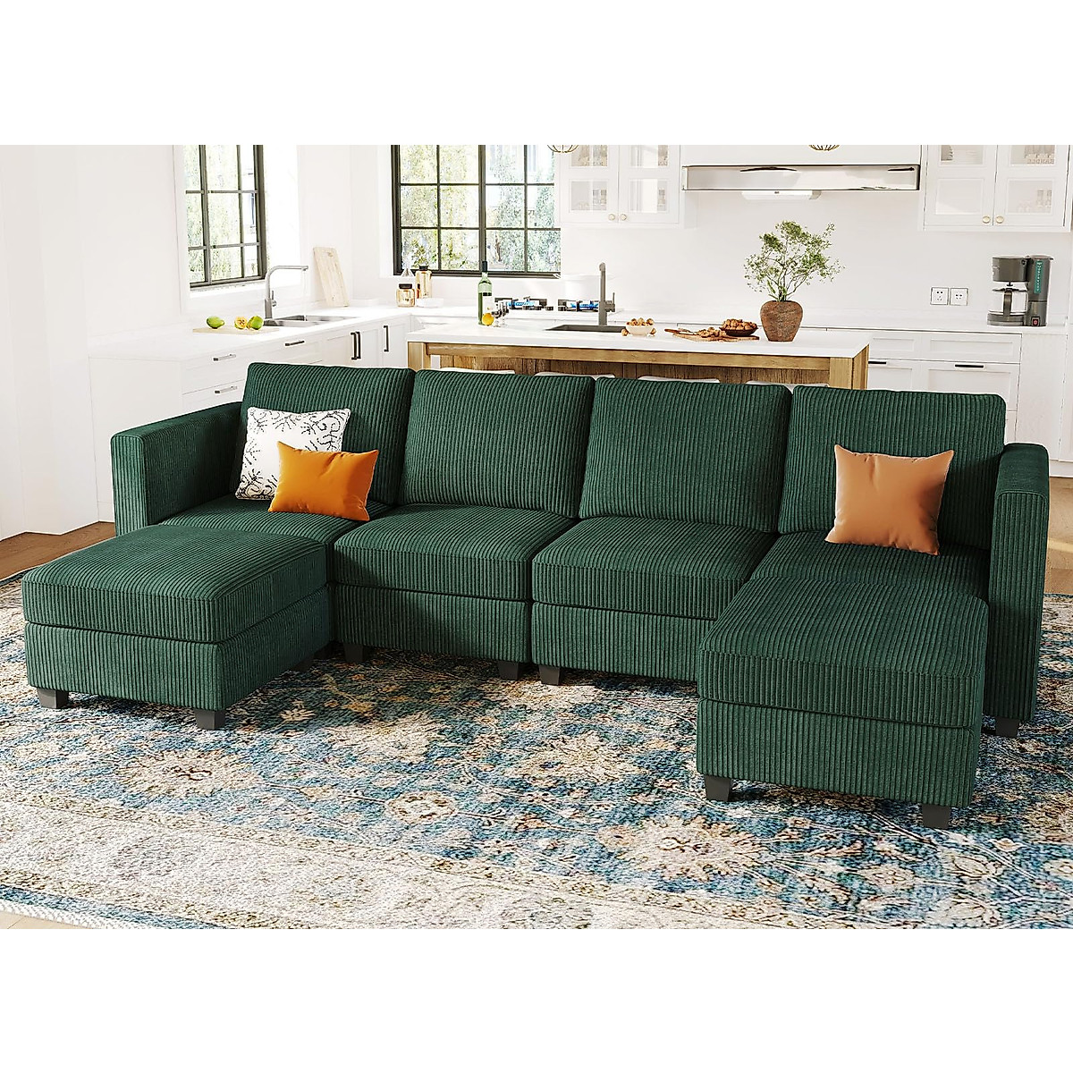 Belffin Modular U Shape Couch with Storage Ottoman Corduroy Sectional Couch with Chaise Convertible Modern Sectional Sofa Couch Dark Green