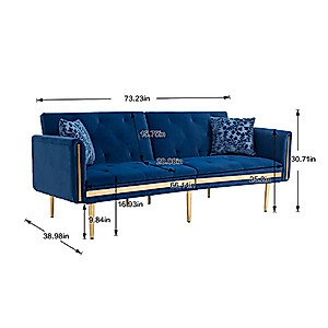 HBHM Velvet Sofa Accent Sofa, Mid Century Modern Loveseat Velvet Fabric Couch, Convertible Futon Sofa Bed, Recliner Couch Accent Sofa Loveseat Sofa with Gold Metal Feet,Blue