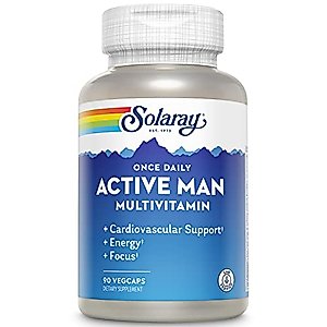 SOLARAY Once Daily Active Man Multivitamin & Mineral, Multivitamin for Cardiovascular, Support, Energy & Focus, Digestive Enzyme Blend, Amino Acids and Whole Food Base, 90 Servings, 90 VegCaps