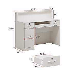 ECACAD Reception Desk with Light, Display Shelf & Lockable Drawers, Office Desk Reception Counter Table with Keyboard Tray and Door, White (47.2”W x 19.7”D x 39.2”H)