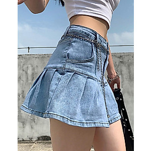 Yeokou Women's Casual Slim A-line Pleated Ruffle Short Mini Denim Skirts (XS, LightBlue)