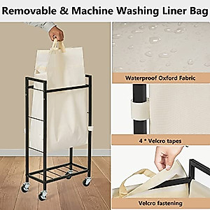 Slim Laundry Hamper with Wheels; 66L Narrow Rolling Laundry Basket with Removable Oxford Liner Bag; Thin Dirty Clothes Hamper with Sturdy Metal Frame; Tall Laundry Basket with Side Pocket (Beige)
