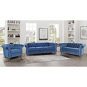wirrytor 2 Pieces of Living Room Furniture Chesterfield Sofa Sets, Velvet Chesterfield Sofa&Chesterfield Club Chair Sofas Set with Nailhead Trim Scroll Arms(Blue)
