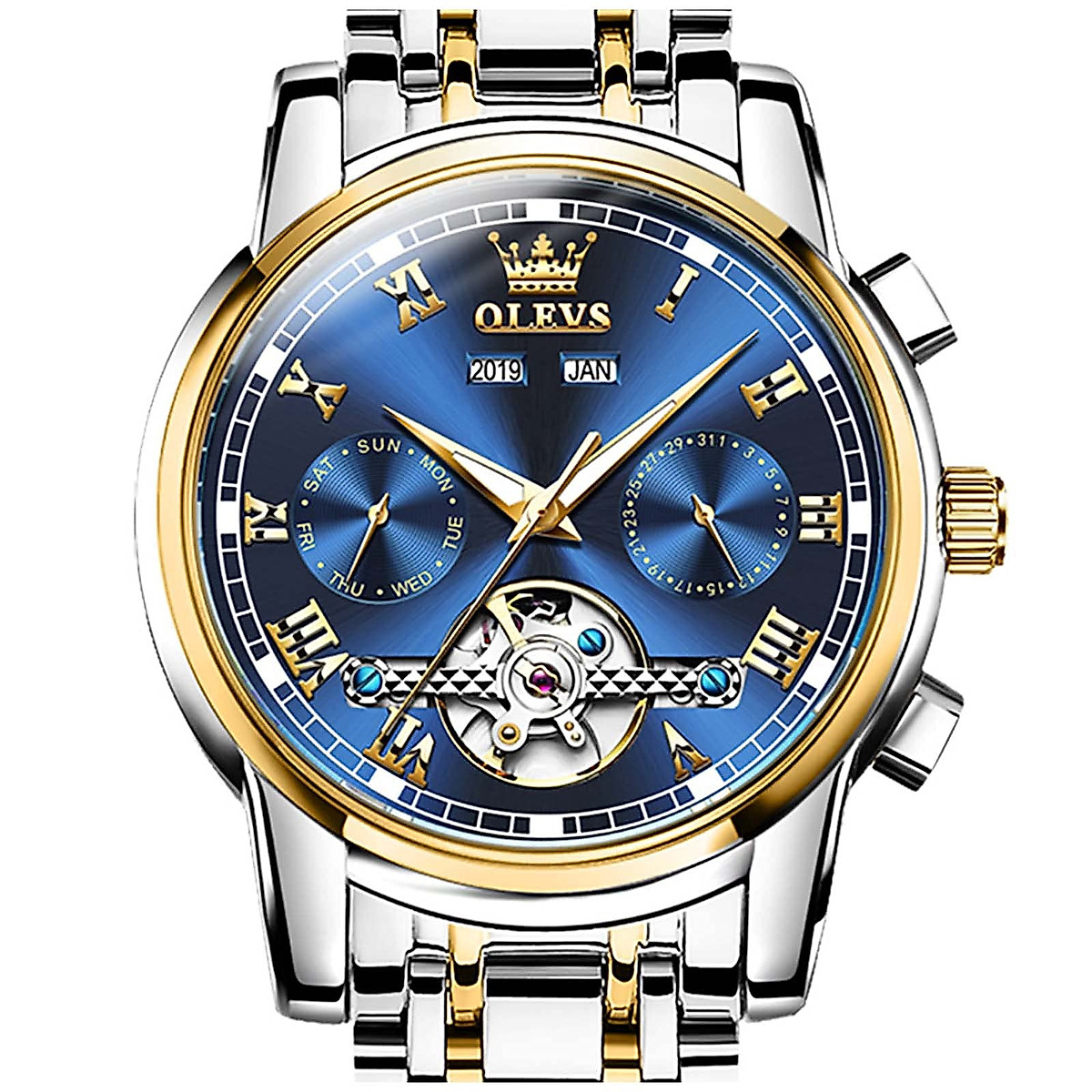 OLEVS Mens Watches Automatic Watches for Men Self Winding Watch Silver Gold Stainless Steel Watch Blue Dial Watch Skeleton Tourbillon Men's Wrist Watches Luxury Big Face Watch for Men