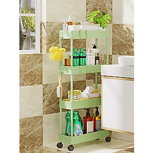 LEHOM 5.3" Slim Storage Cart - 4 Tiers Bathroom Organizer Mobile Shelving Unit Storage Rolling Utility Cart Slide Out Organizer for Kitchen Bathroom Laundry Narrow Places, Green