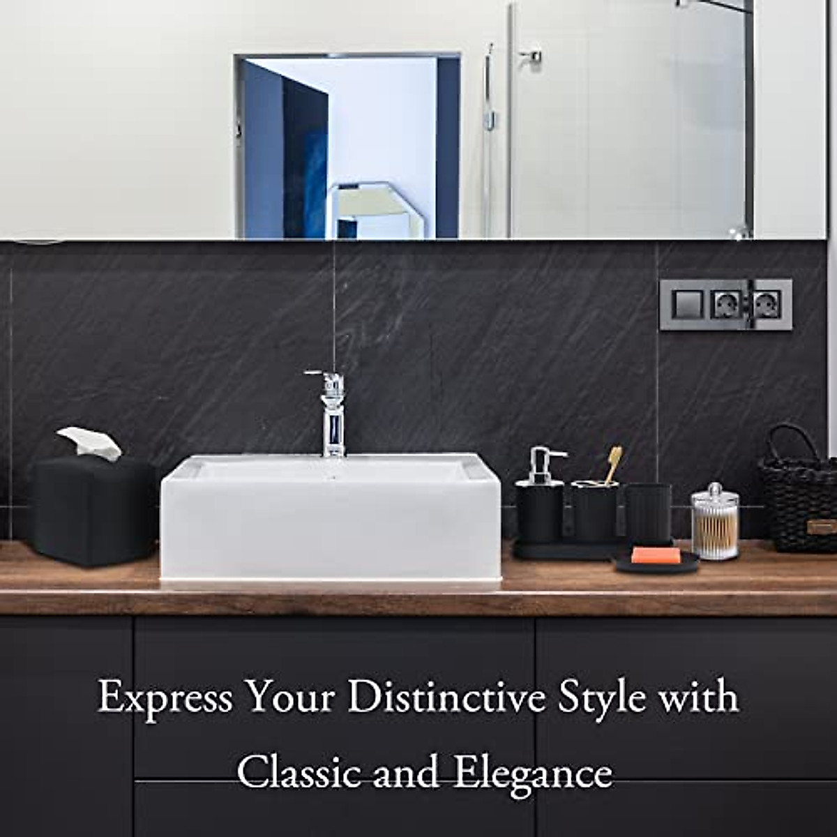 Bathroom Accessory Set - 10 Piece Black Bathroom Accessories Set with Trash Can, Toothbrush Holder and Cup, Soap Dispenser, Soap Dish, Toilet Brush Holder, Vanity Tray, Qtip Holder, Tissue Box Cover