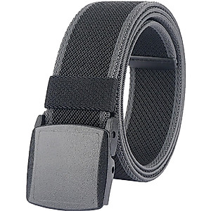 LionVII Men's Elastic Stretch Belts - Breathable Canvas Web Belt for Men No-Metal Plastic Buckle for Travel Work Adjustable [49" L x 1.5" W](Black & Gray)