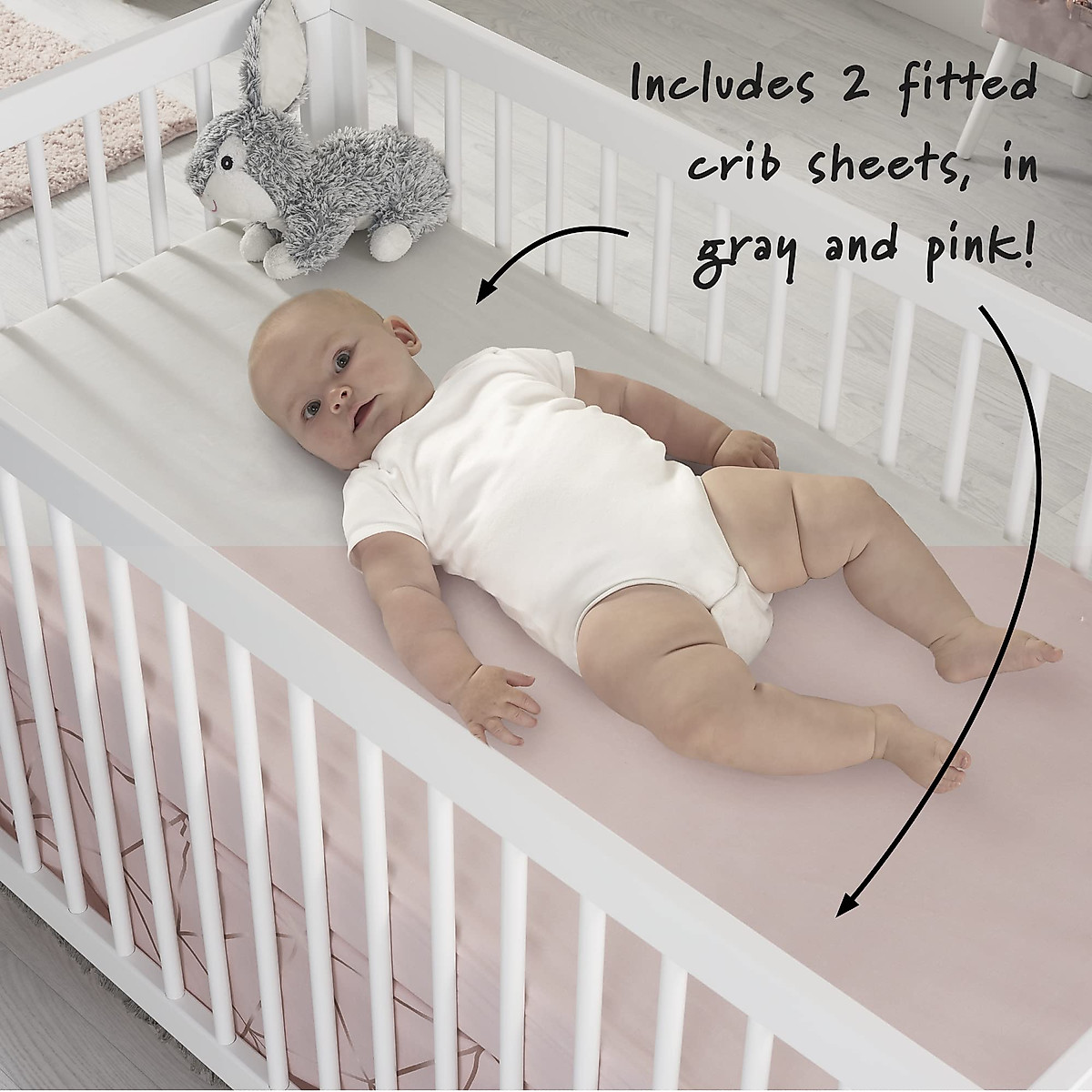 OBERLUX Crib Bedding Set for Girls- 4-Piece Baby Nursery Bedding Crib Set; Geometric, Rose Gold, Powder Pink & Marble | Precious Collection