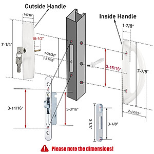 Patio Sliding Door Handle Set with Mortise Lock, Perfect Replacement Sliding Door Handle with Key Lock Fits Patio Doors Thickness 1-1/2" to 1-3/4", 3-15/16" Screw Hole Spacing, Reversible Design
