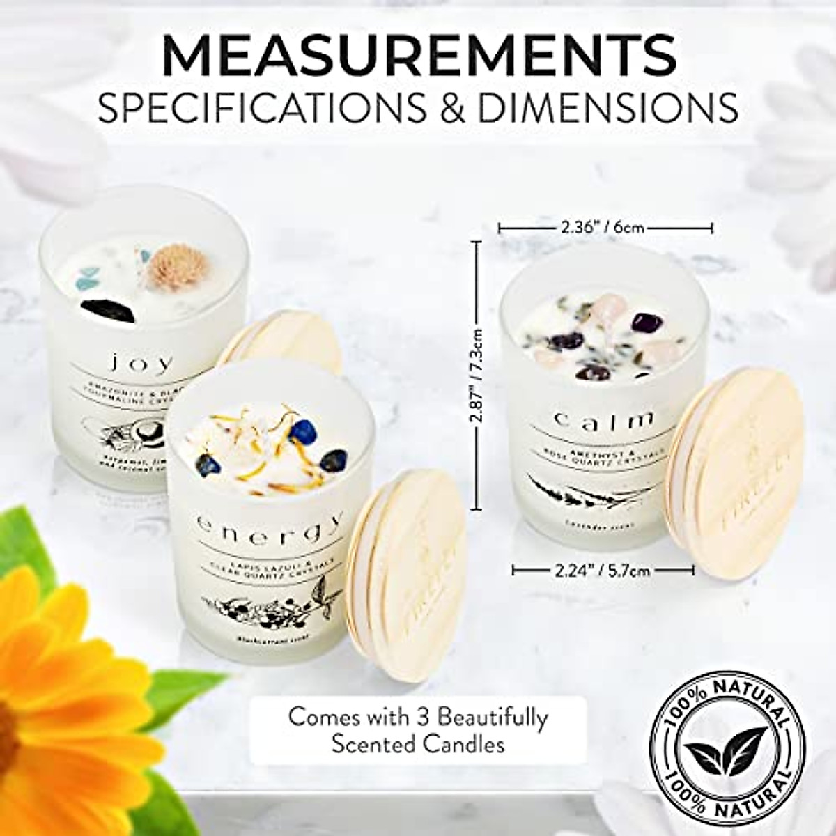 Firefli Crystal Candles 3-Piece Crystal Candle Set with Wood Lids & Dried Flowers | Candles Gifts for Women | 3.5oz Manifestation Candles with Crystals Inside | Soy Wax Scented Luxury Candles