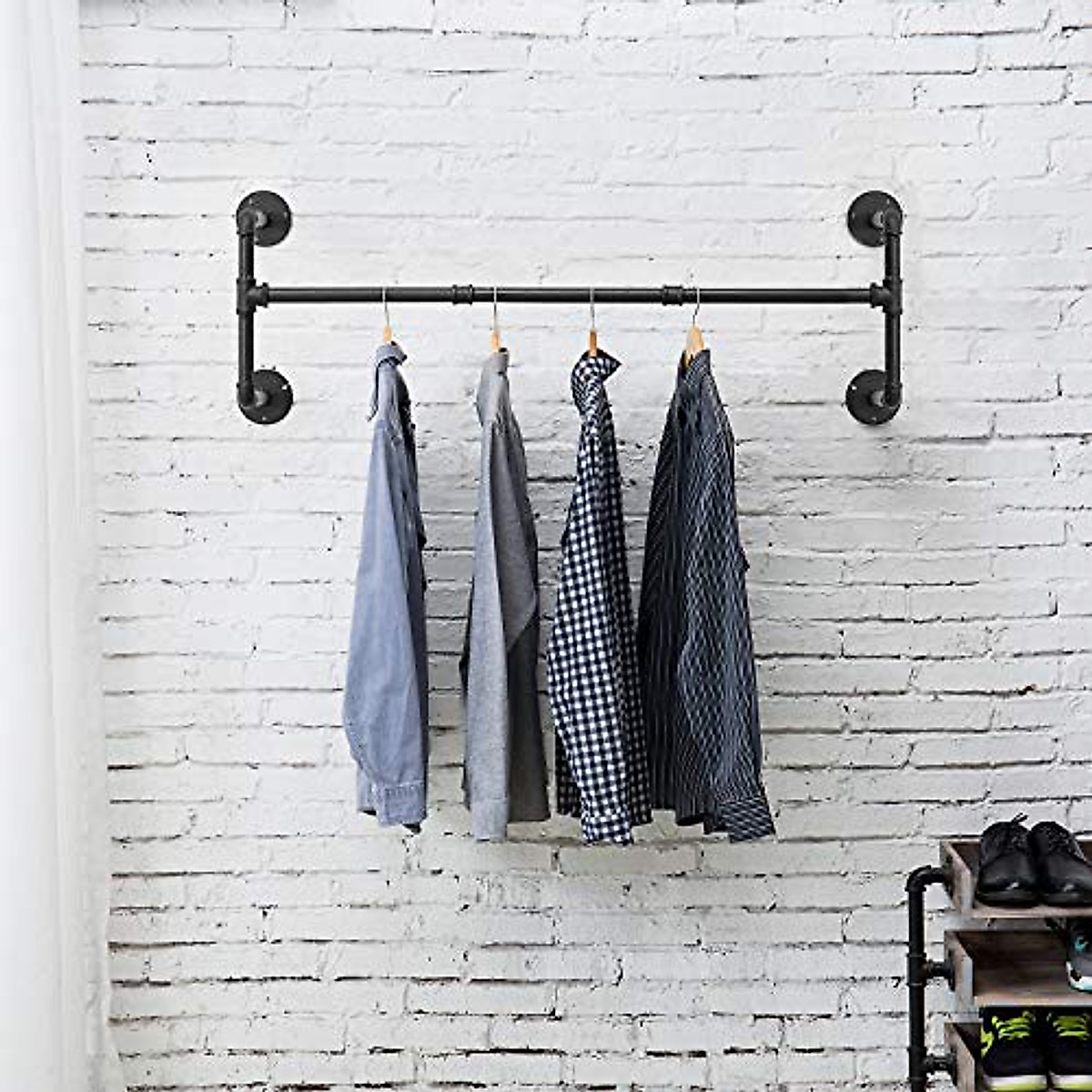 MyGift Wall Mounted Industrial Black Metal Clothes Rod Rack Hanging Garment Bar with Realistic Pipe Bar for Closet Storage and Retail Display