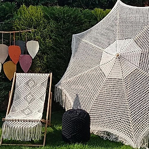 Macrame Umbrella Cover - Home Boho Decor Garden Beach Parasol Cotton Beige With Tassels, Umbrella with Fringe - Patio Umbrella - UV50+ Sun Protection, Waterproof Outdoor Umbrella Cover for 8.2' Umbrellas (ONLY COVER)