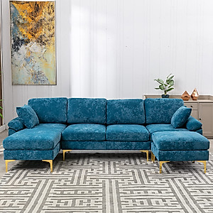 Pvillez Sectional Sofa with Chaise Lounge and Ottoman,Large Convertible Couches Set for Living Room,Plush Fabric L-Shape Couch with Golden Legs