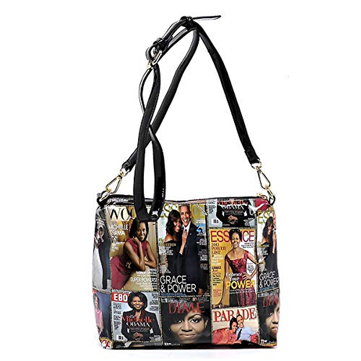 Magazine Cover Collage Michelle Obama Printed Square Hobo bag + Crossbody purse + Wallet 3pcs Set (Multi)