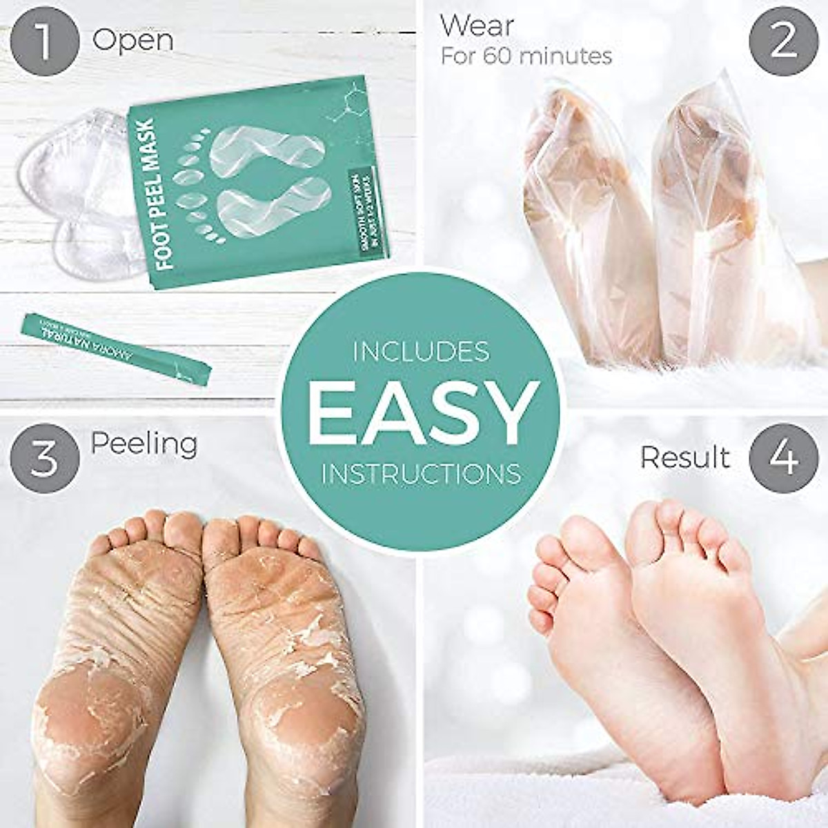 I PEEL GOOD! This 4-pair foot mask provides an at-home pampering spa experience to intensely moisturize, repair and soften rough and dry feet. The foot mask penetrates deeply to heal and hydrate dry cracked skin, restoring your skin's natural moisture bal