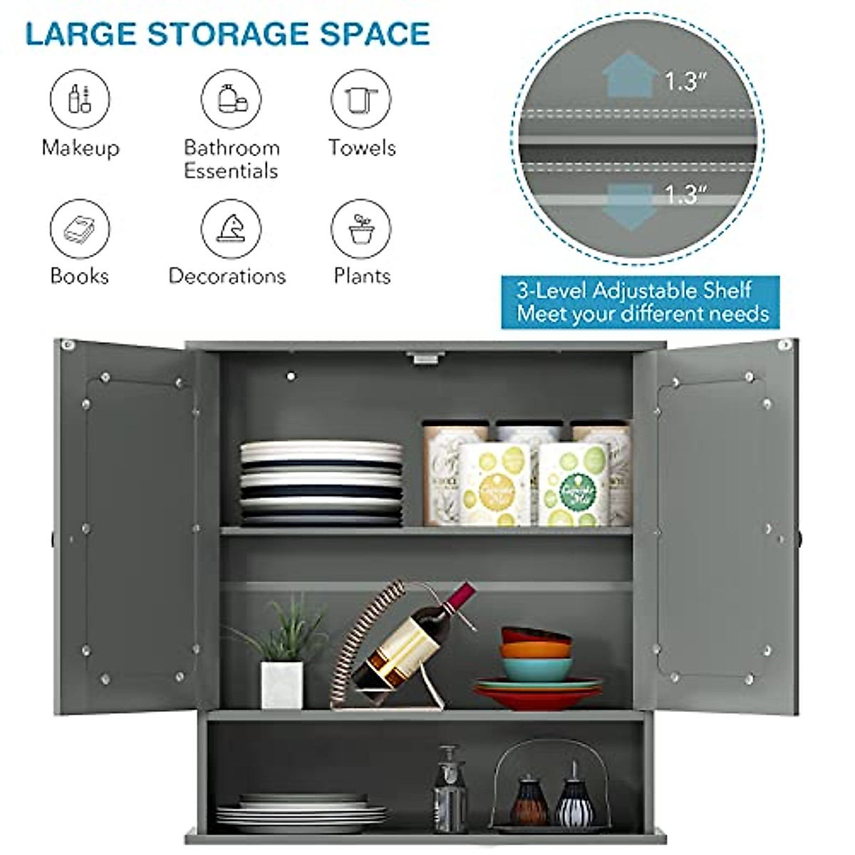 DORTALA Mirrored Bathroom Cabinet, Wall Mounted Medicine Cabinet w/Double Mirror Doors & Adjustable Shelf, Multipurpose Storage Cabinet Home Organizer, Grey