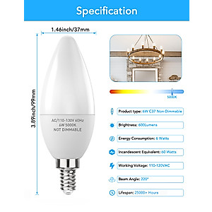 PARTPHONER E12 LED Light Bulbs B11 Candelabra Bulbs 60W Equivalent, Non-Dimmable 6W LED Candle Chandelier Bulb 600 Lumen, 5000K Daylight White, Pack of 6