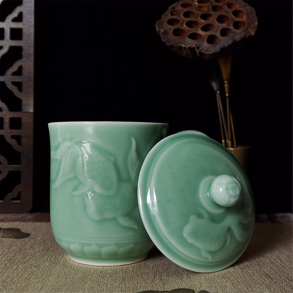 Handmade Celadon Coffee Mug Tea cup with Lid 13oz Porcelain Milk Cup Embossed with Goldfish Ceramic Microwave and Dishwasher Safe (Green)