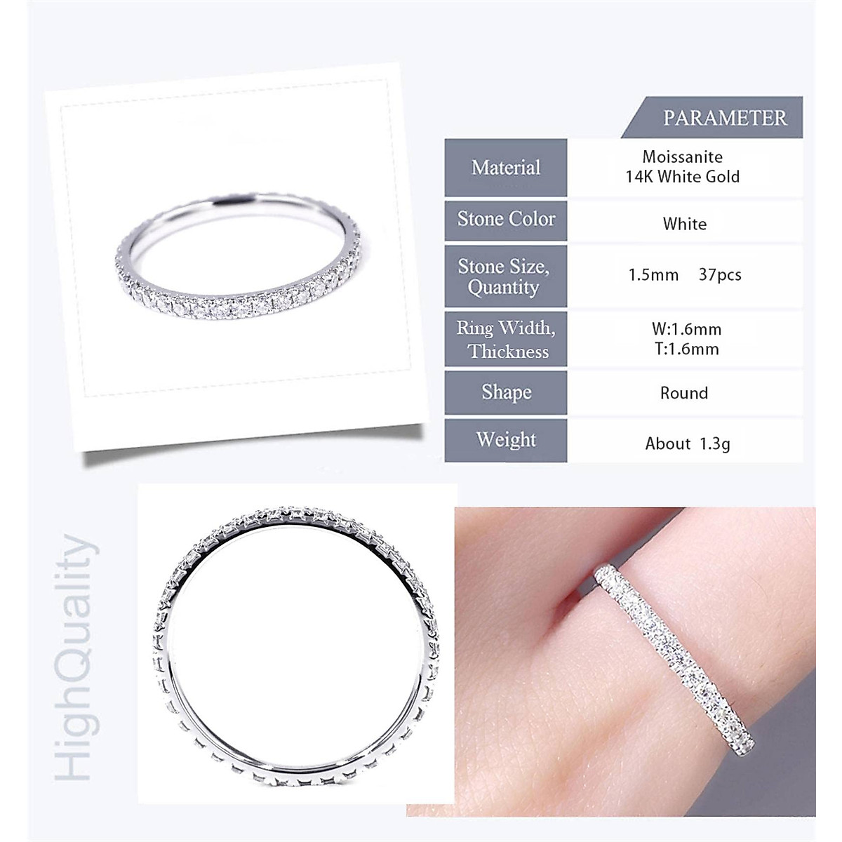 TIANYU GEMS 14K White Gold 1.5mm Moissanite Eternity Rings D Color VVS Clarity Round Moissanite Engagement Wedding Band Stackable for Women Men Proposal Anniversary Birthday Gift