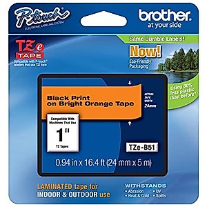 Brother Genuine P-touch TZE-B51 Tape, 1" (0.94") Wide Standard Laminated Tape, Black on Fluorescent Orange, Laminated for Indoor or Outdoor Use, Water-Resistant, 0.94" x 16.4' (24mm x 5M), TZEB51
