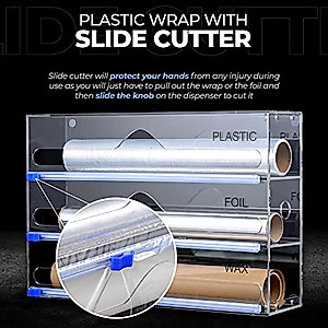 YOC Wrap Dispenser, Clear Acrylic Foil, Wax Organizer with Slide Cutter, Suitable for Wall Mounting or Kitchen Drawer, Compatible with 12 Inch Rolls (3 in 1 Wrap Dispenser)