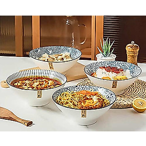 QINLANG 38 oz Japanese Ramen Bowls, Cereal Bowls, Soup Bowls, Pho Bowls, Noodle Bowls, Blue and White Ceramic Bowls Set of 4, 8 inches