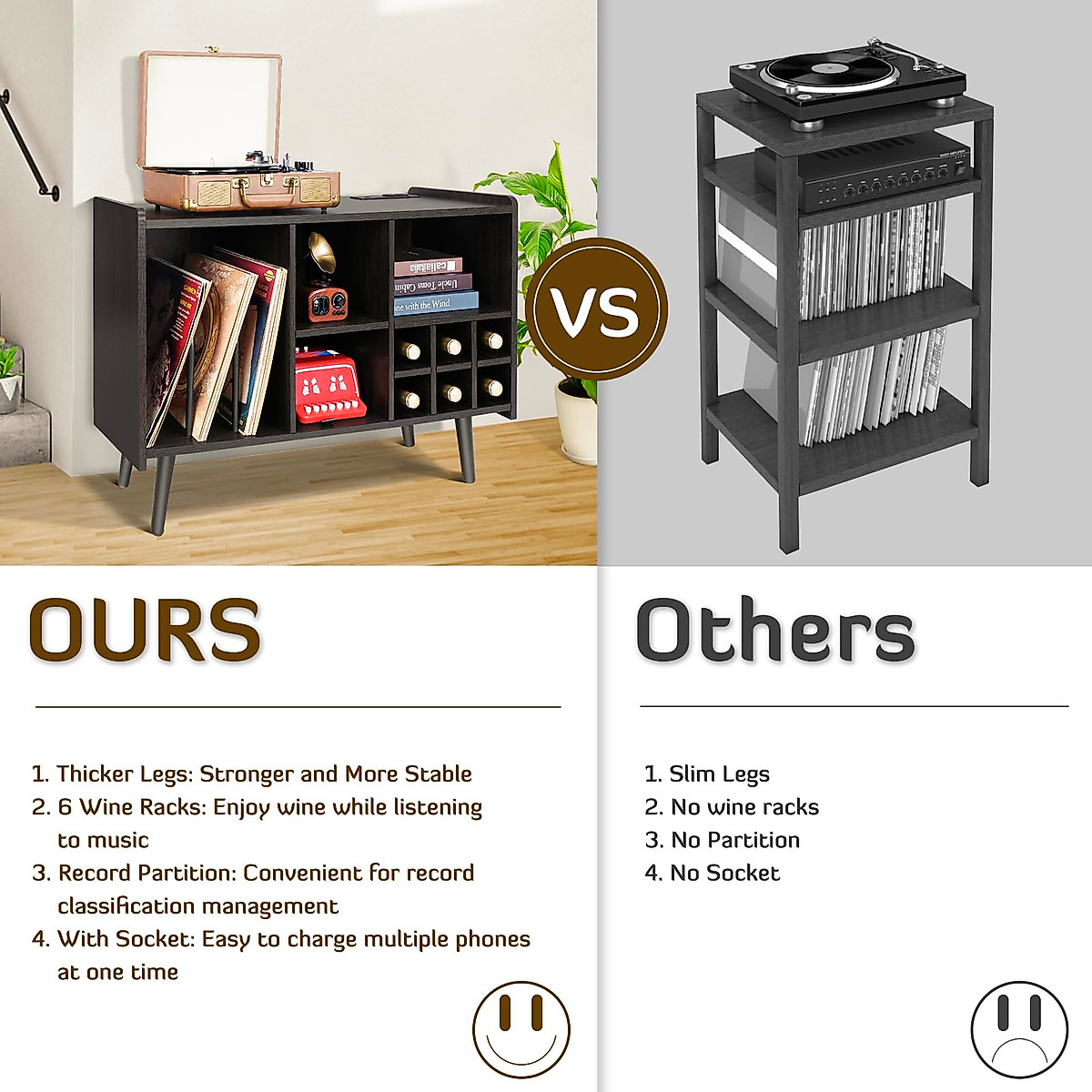 INFANZIA Vinyl Record Player Stand, Large Wooden Turntable Stand Holds Up to 200 Albums, Mid-Century Record Storage with Power Outlets, Record Organizer Cabinet for Living Room, Bedroom, Office