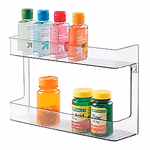 mDesign Plastic Wall Mount, 2 Tier Storage Organizer Shelf for Bathroom, Kitchen; Holds Vitamins, Supplements, Aspirin, Medicine Bottles, Nail Polish, Cosmetics and More, Ligne Collection - Clear