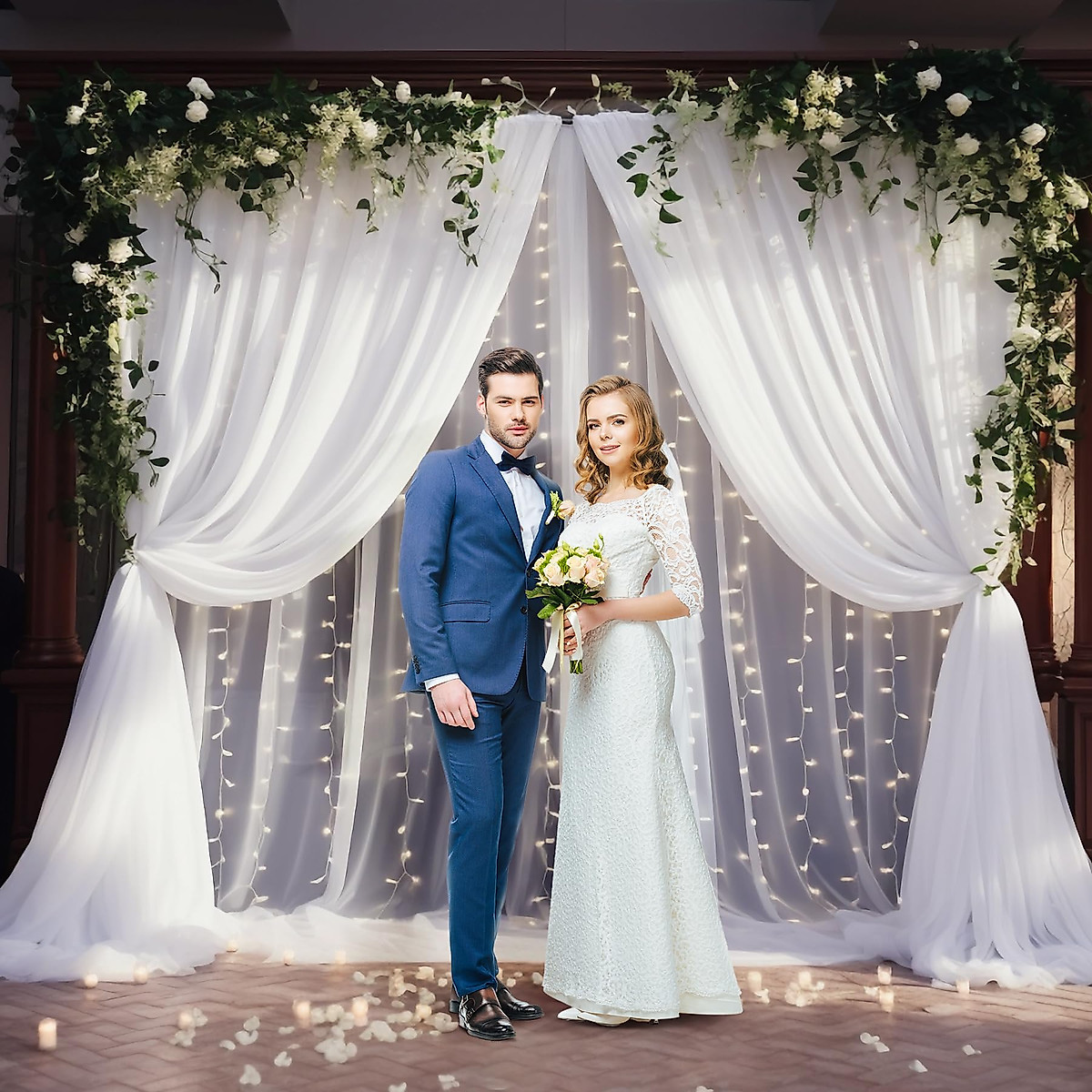 10x10ft White Tulle Backdrop Curtain with Lights String for Parites, Sheer Backdrop Curtains for Wedding Baby Shower Birthday Party Photo Shoot Decorations